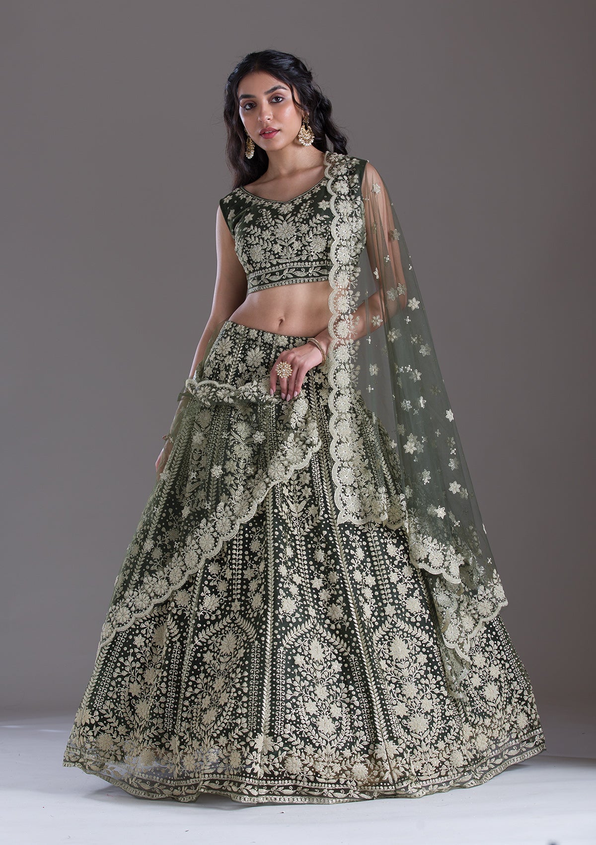 Buy Mehendi Threadwork Net Readymade Lehenga - Koskii