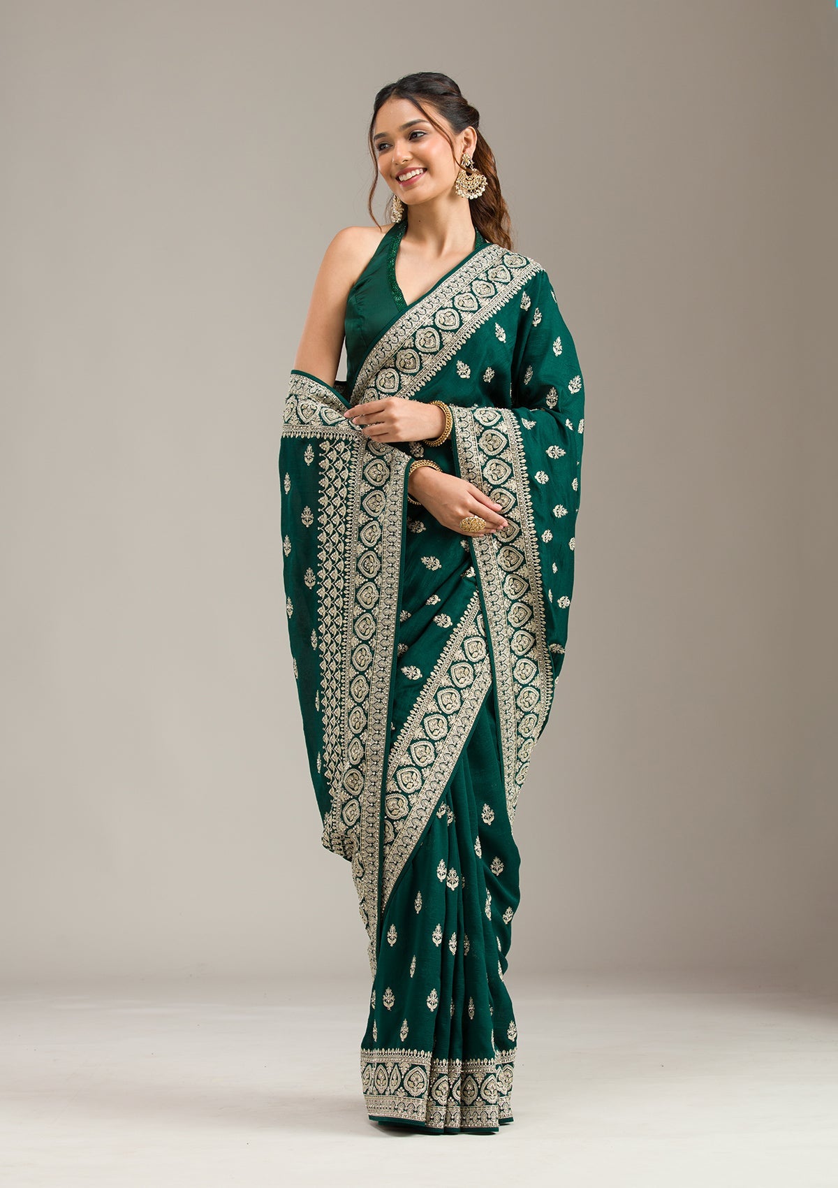 Bottle Green Stonework Chiffon Saree – Koskii