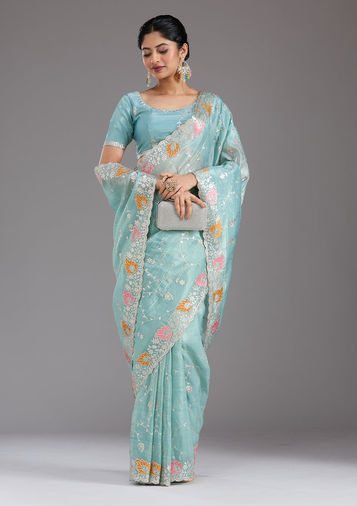 Buy Sea Green Gotapatti Organza Saree - Koskii