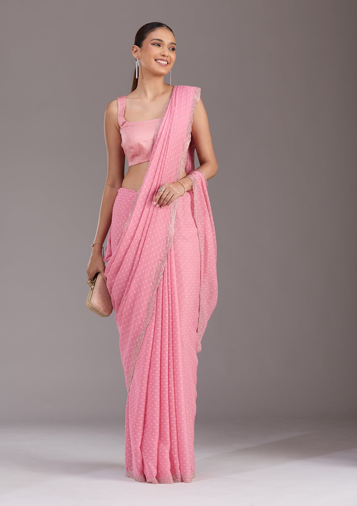 Buy Gajari Pink Stonework (Silver) Chiffon Saree - Koskii