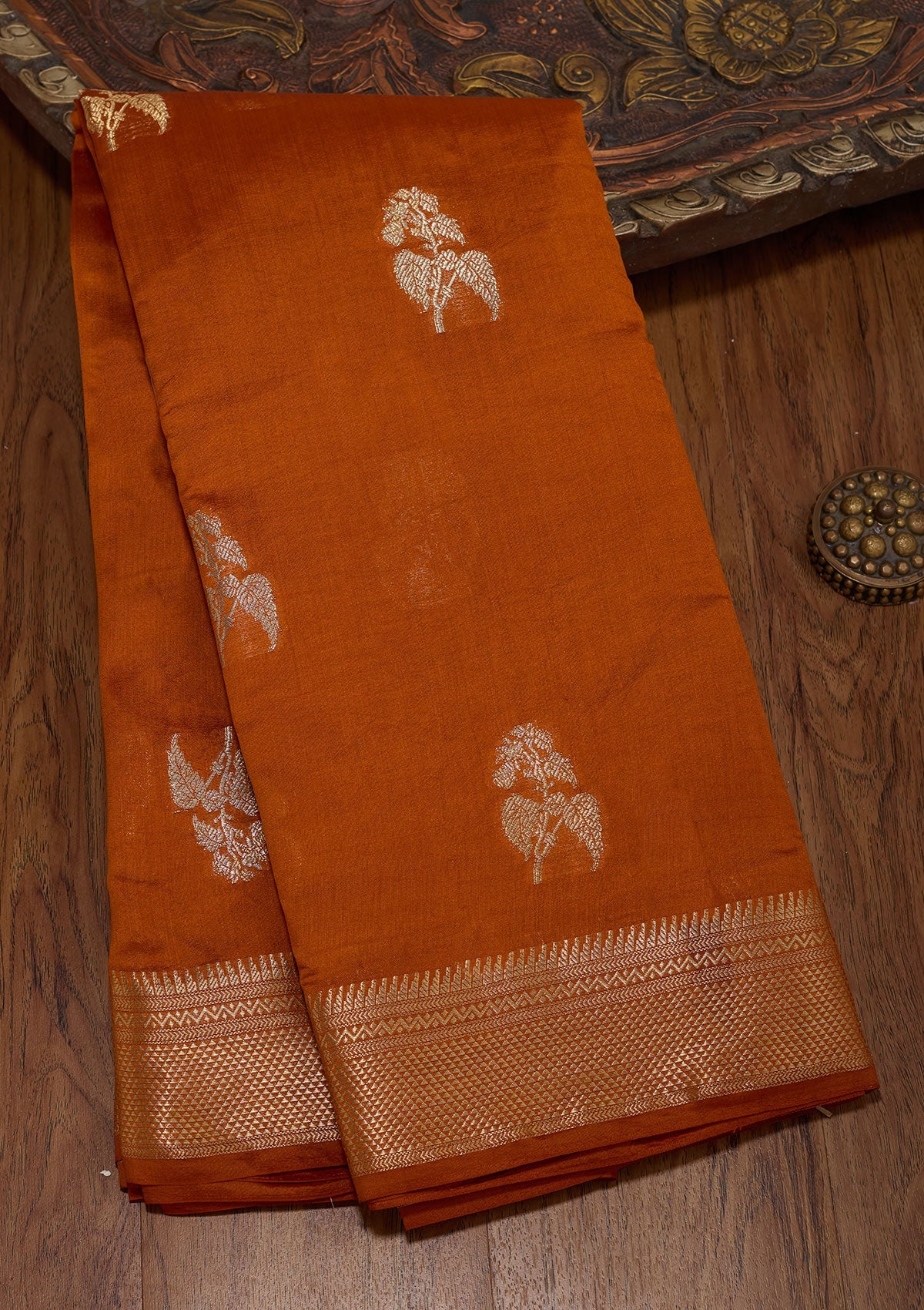 Buy Rust Zariwork Pure Silk Saree - Koskii