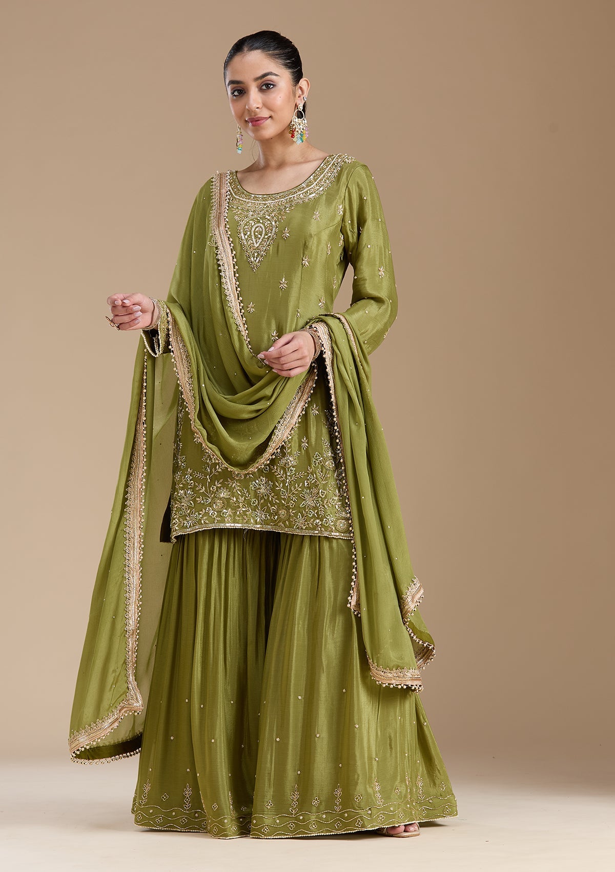Buy Mehendi Threadwork Satin Readymade Salwar Suit - Koskii