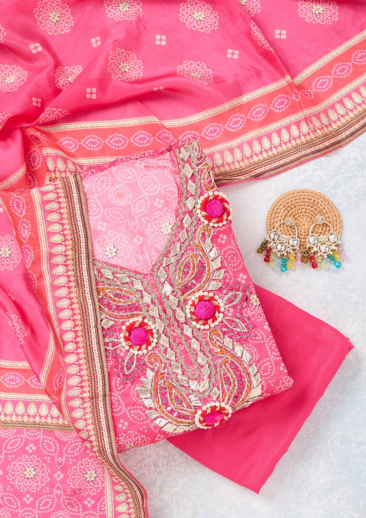 Buy Rani Pink Zariwork Semi Crepe Unstitched Salwar Suit - Koskii