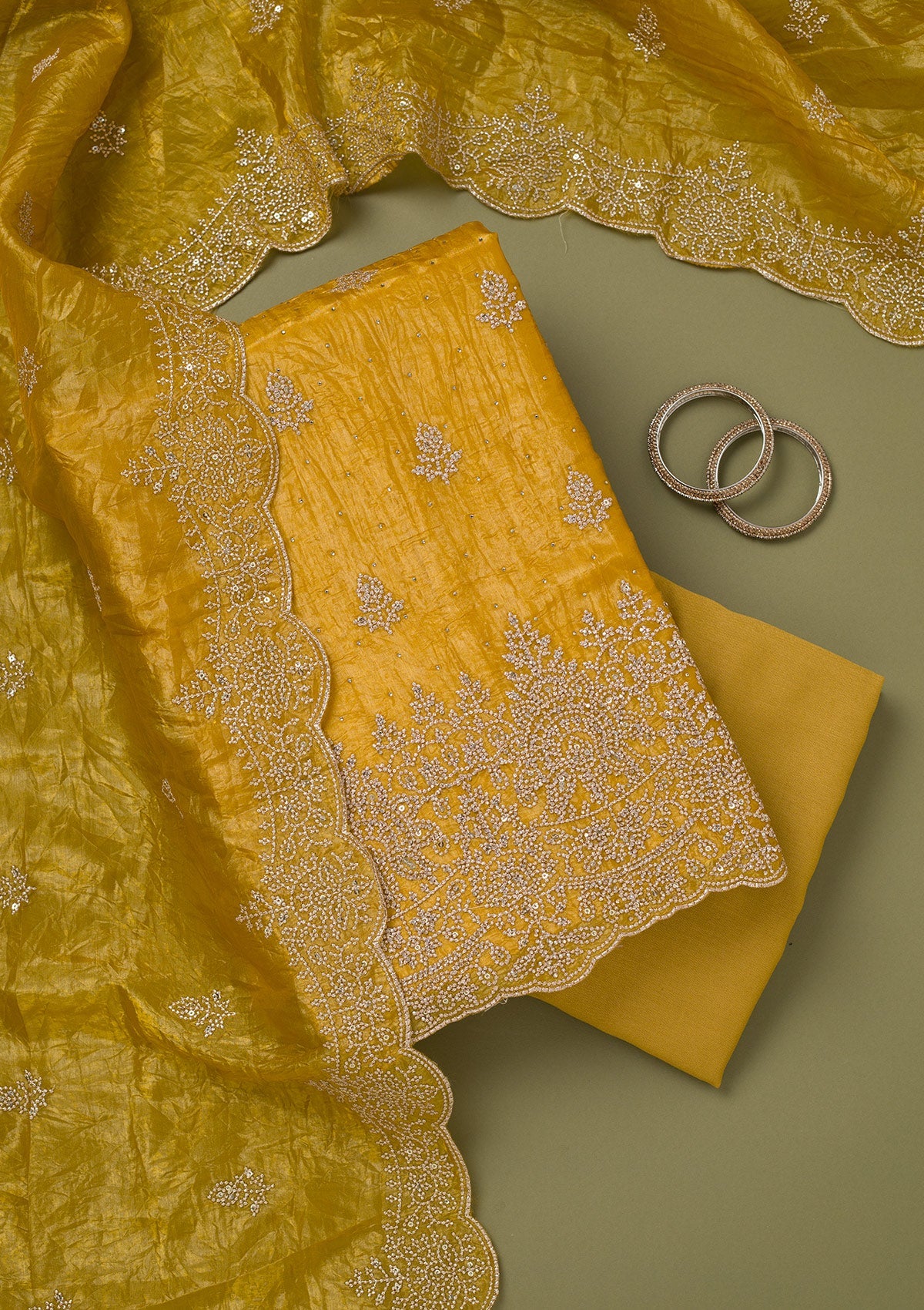 Buy Mustard Threadwork Tissue Unstitched Salwar Suit - Koskii