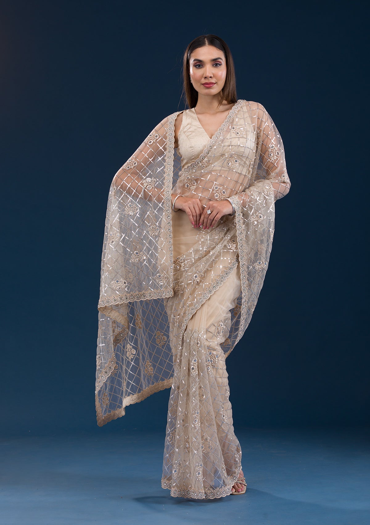 Buy Beige Sequins Net Saree - Koskii