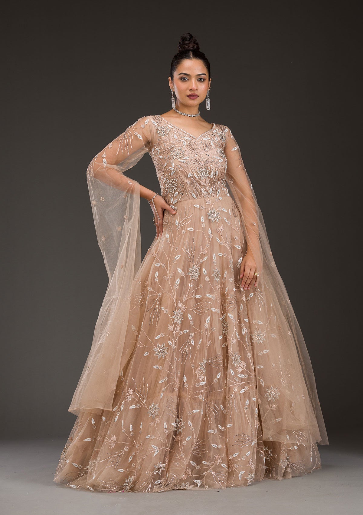 Buy Beige Silver Stonework Net Gown - Koskii