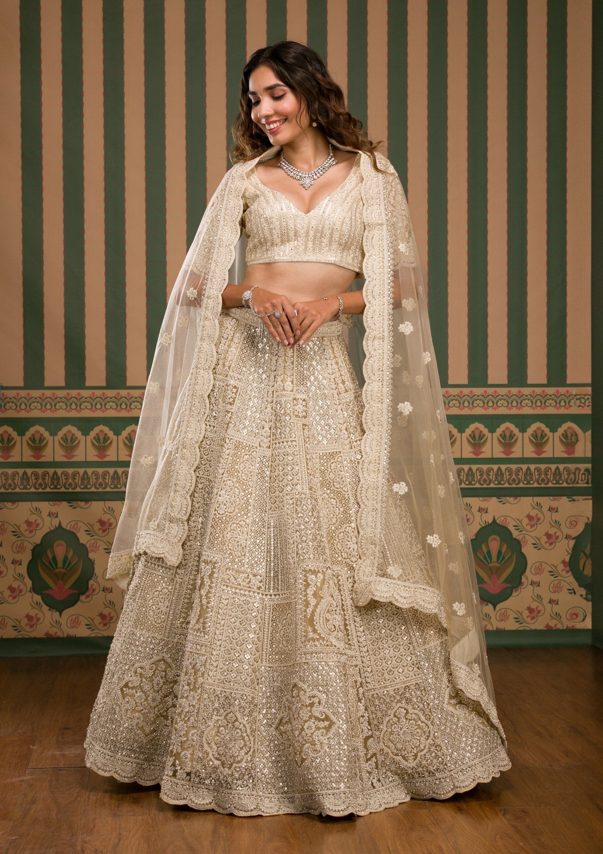Buy Beige Threadwork Net Semi Stitched Lehenga - Koskii