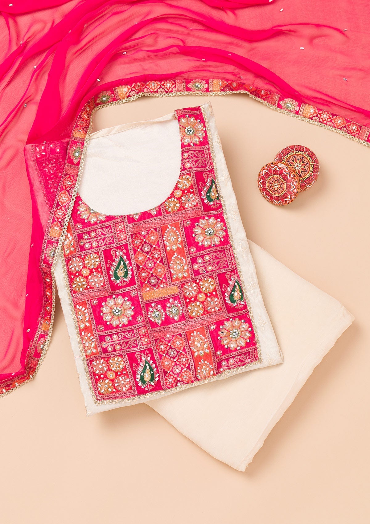 Buy Rani Pink Patchwork Organza Unstitched Salwar Suit - Koskii