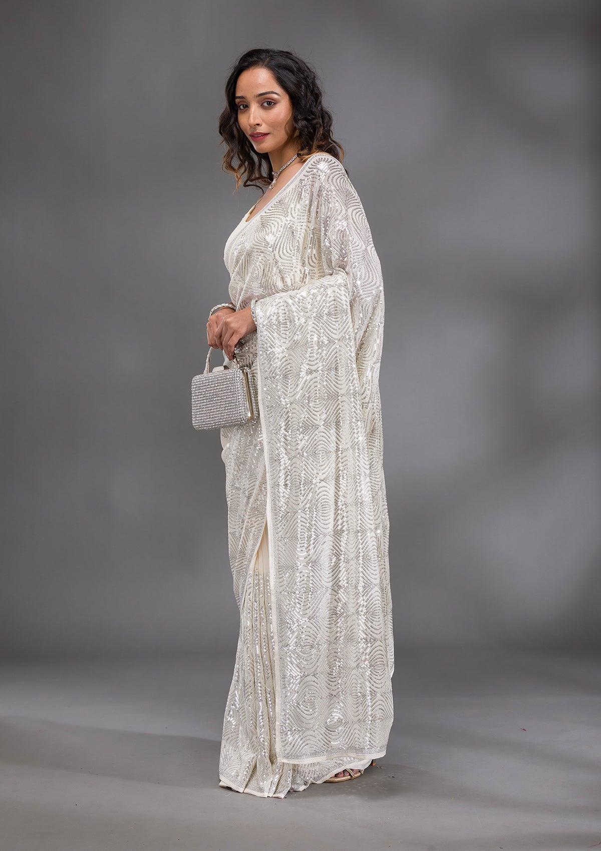 Buy Cream Sequins Georgette Saree - Koskii