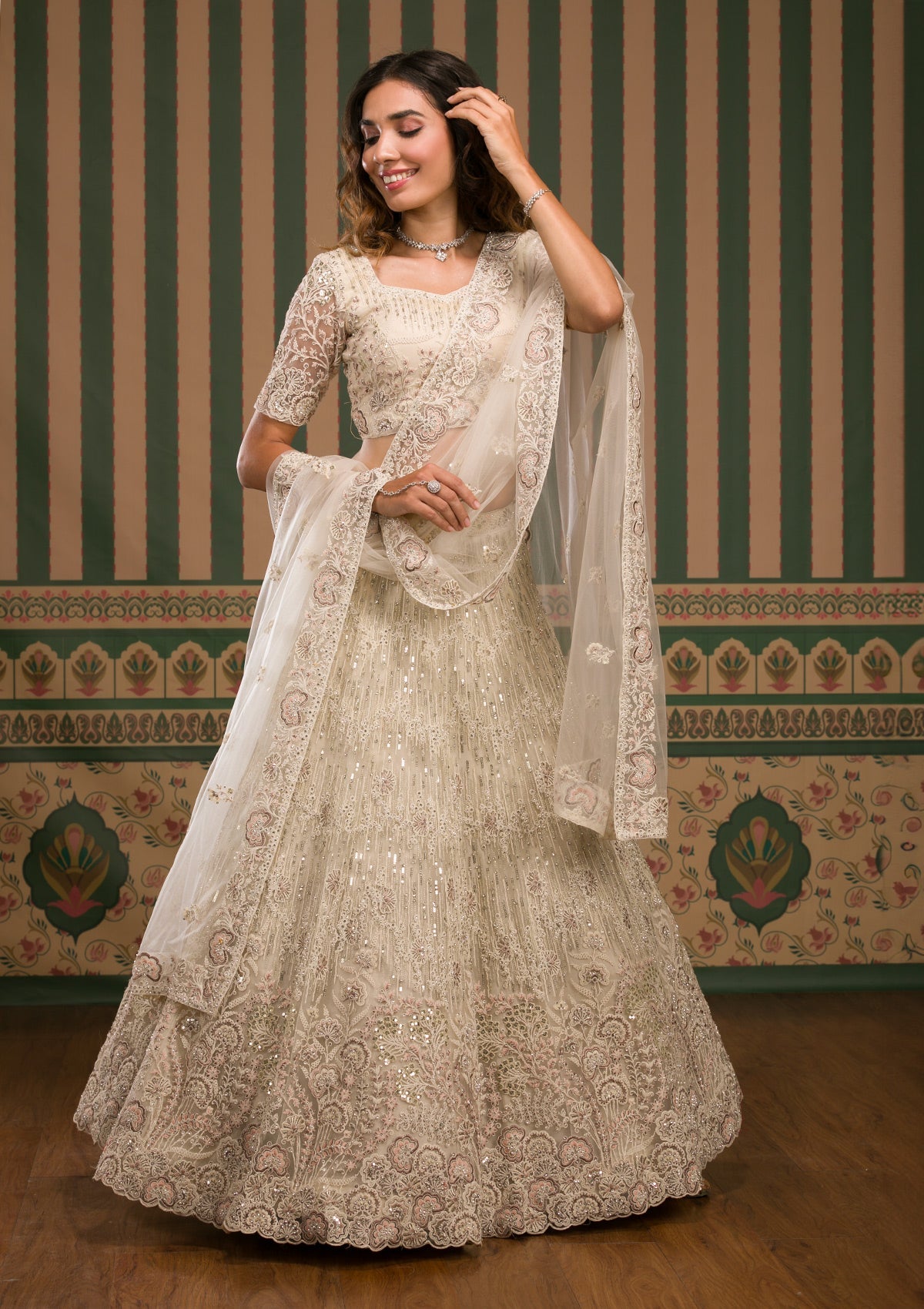 Buy Cream Sequins Net Semi Stitched Lehenga - Koskii