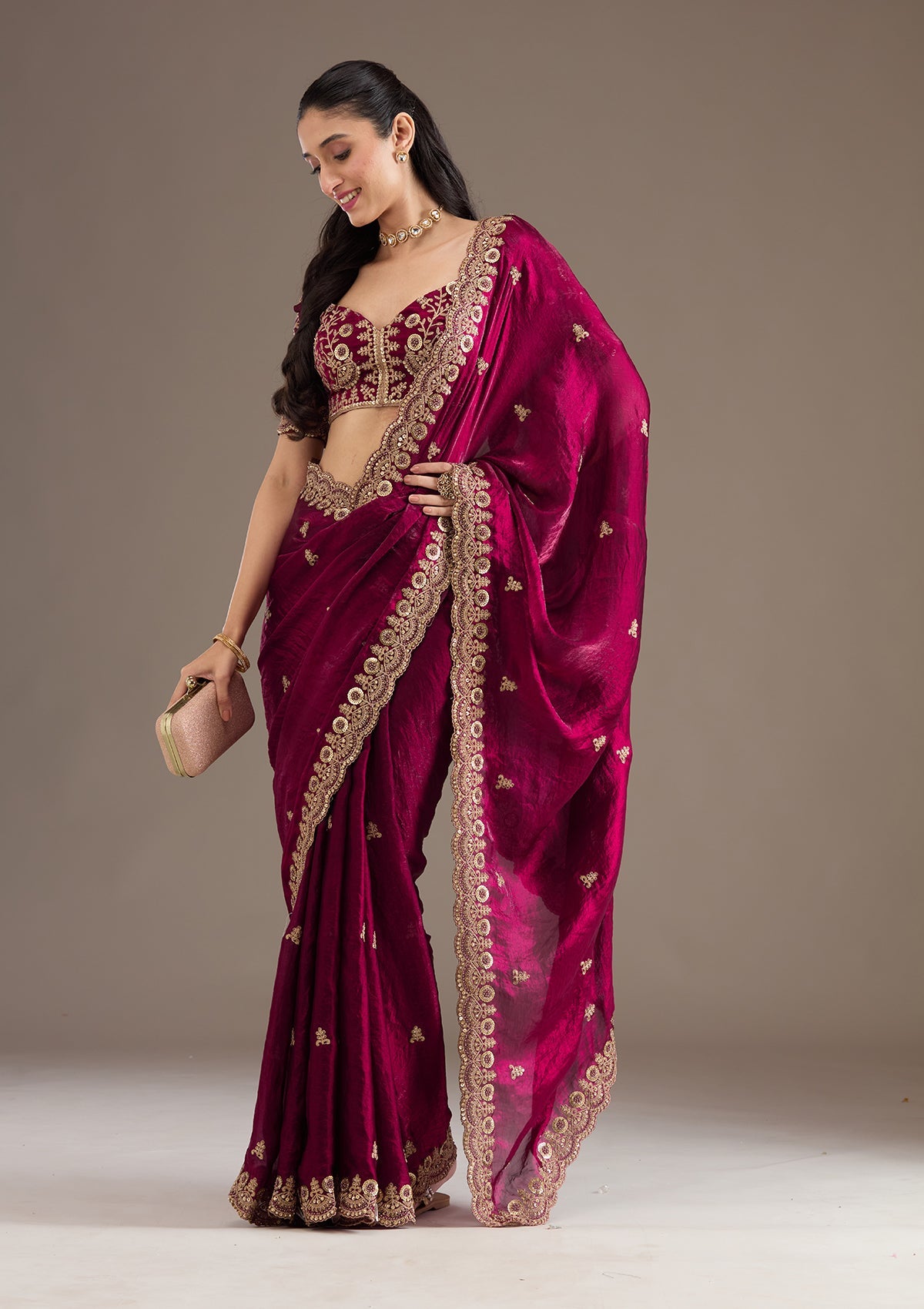 Buy Dark Maroon Zariwork Tissue Saree - Koskii