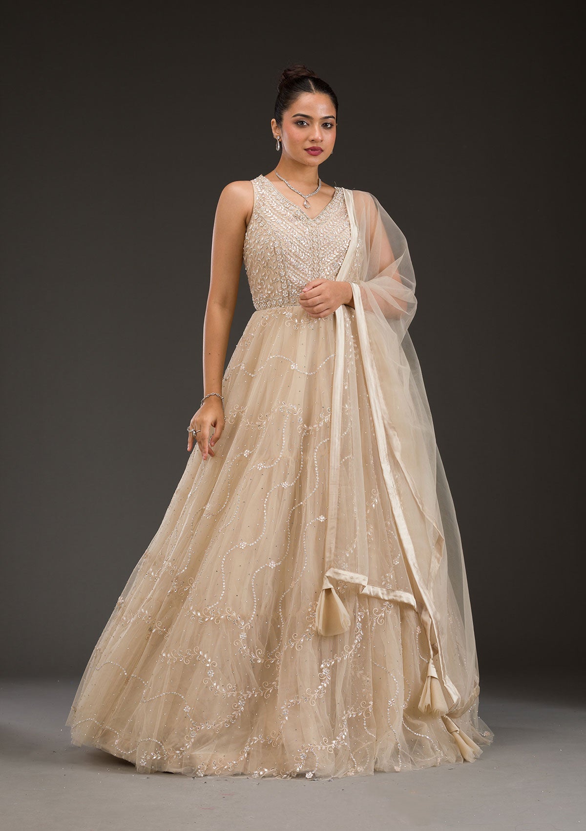 Buy Gold Stonework Net Gown - Koskii