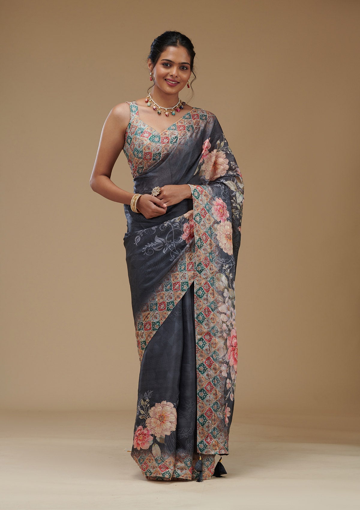 Buy Grey Printed Tissue Saree - Koskii
