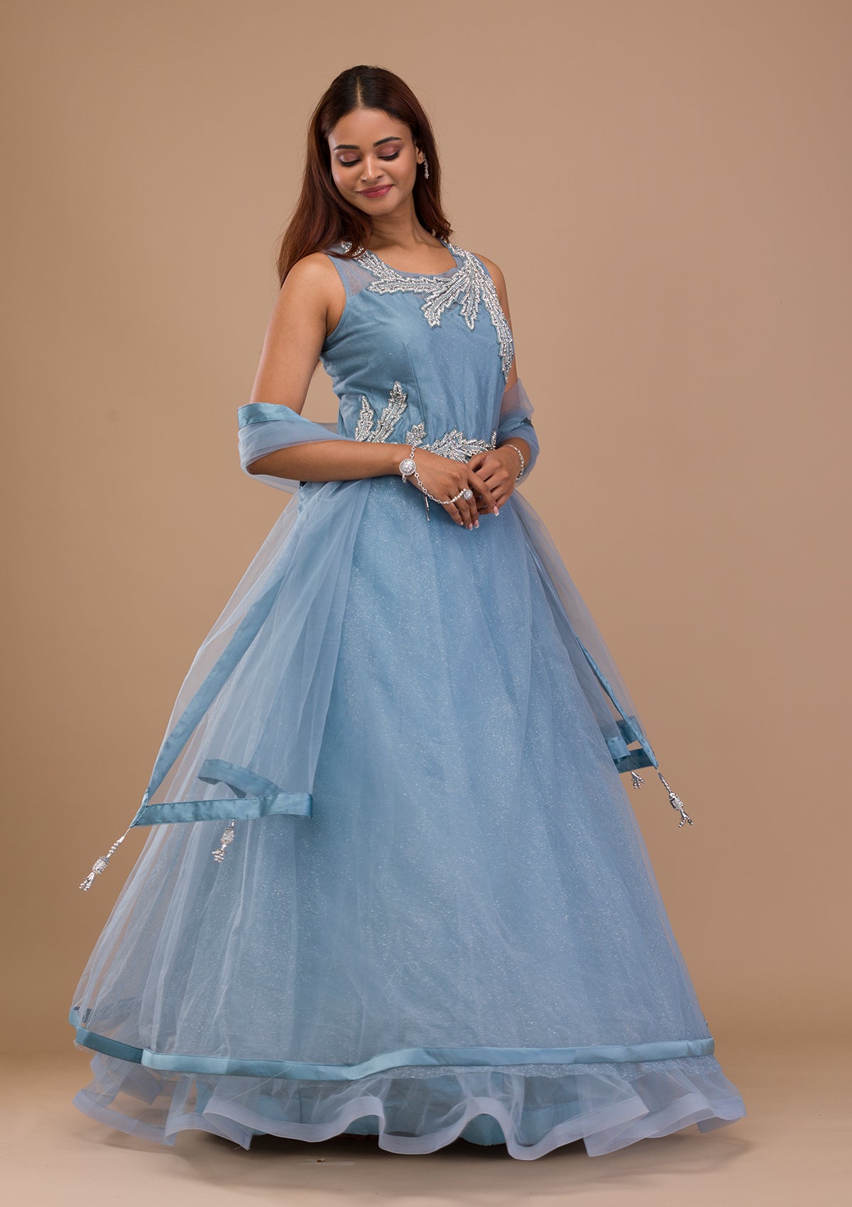 Buy Light Grey Stonework Net Gown - Koskii