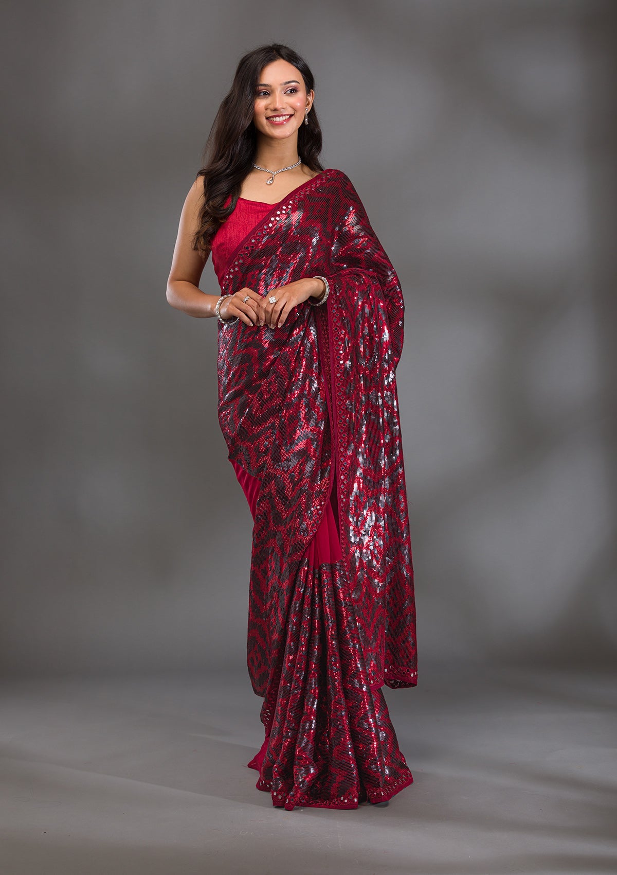 Buy Maroon Sequins Georgette Saree - Koskii