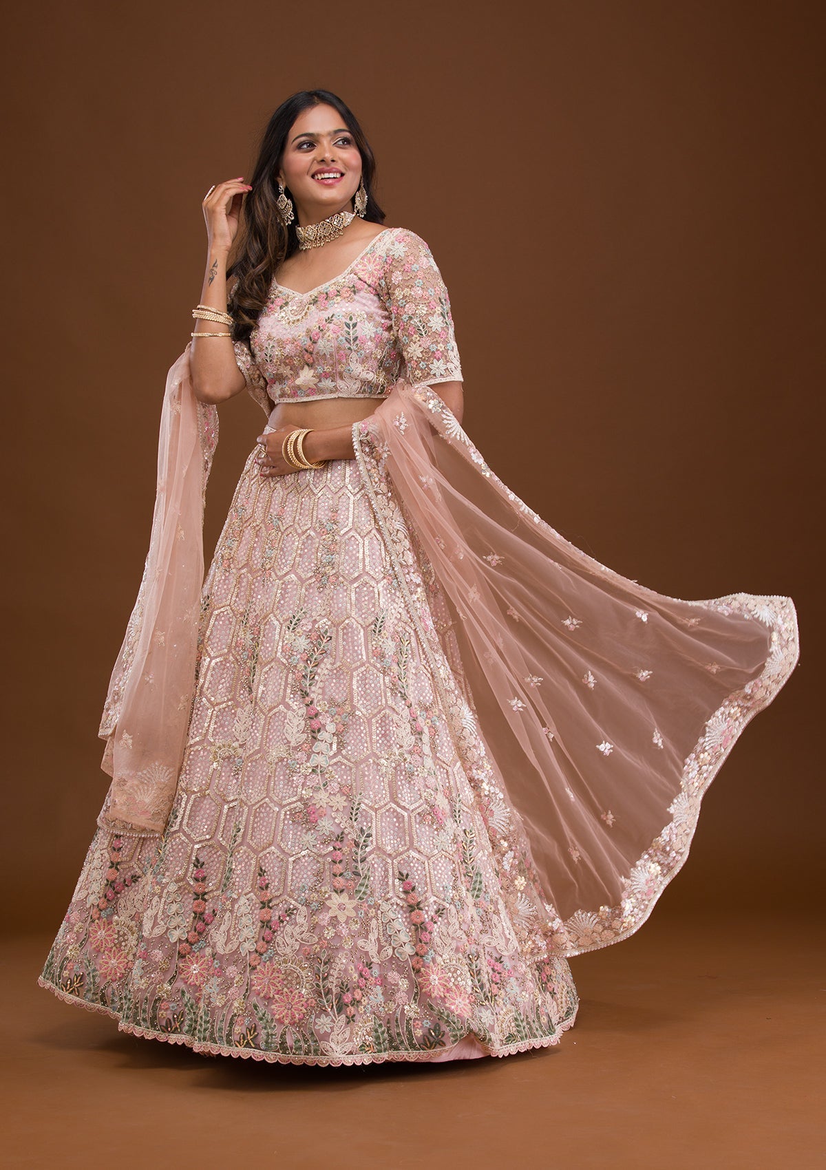 Buy Mauve Threadwork Net Readymade Lehenga - Koskii