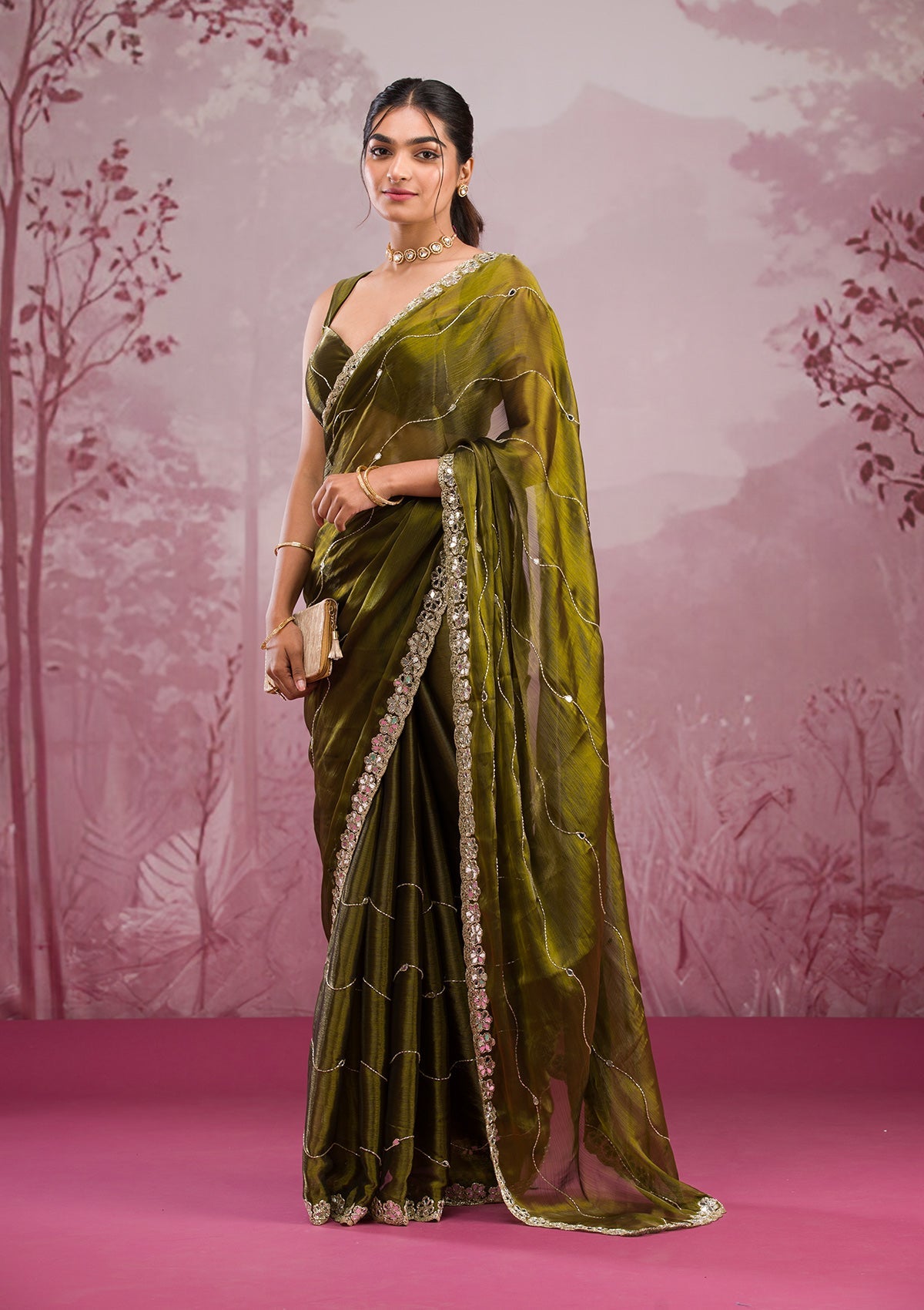 Buy Mehendi Mirrorwork Georgette Saree - Koskii