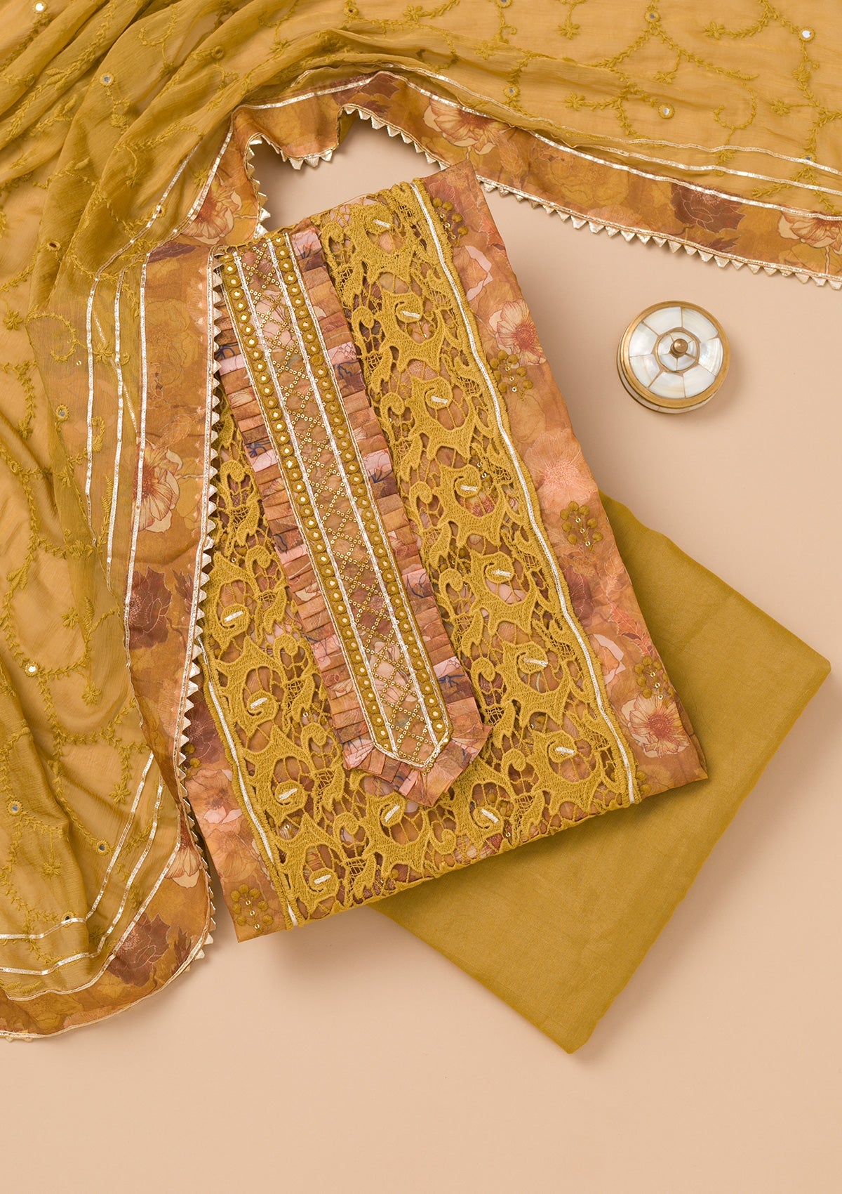 Buy Mehendi Printed Organza Unstitched Salwar Suit - Koskii