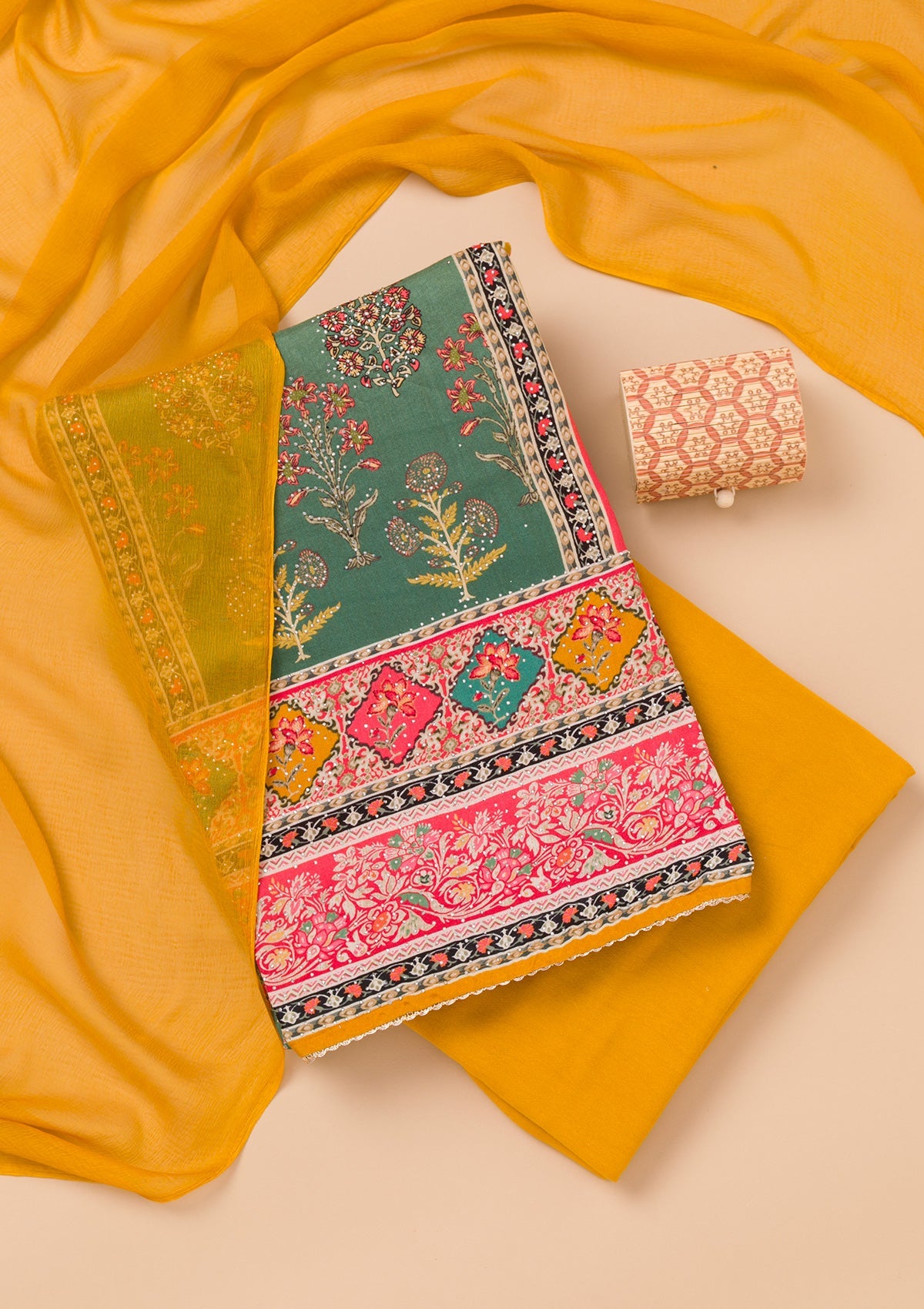 Buy Mehendi Printed Semi Crepe Unstitched Salwar Suit - Koskii