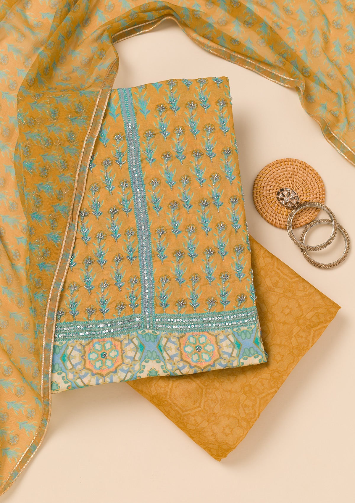 Buy Mehendi Printed Semi Crepe Unstitched Salwar Suit - Koskii