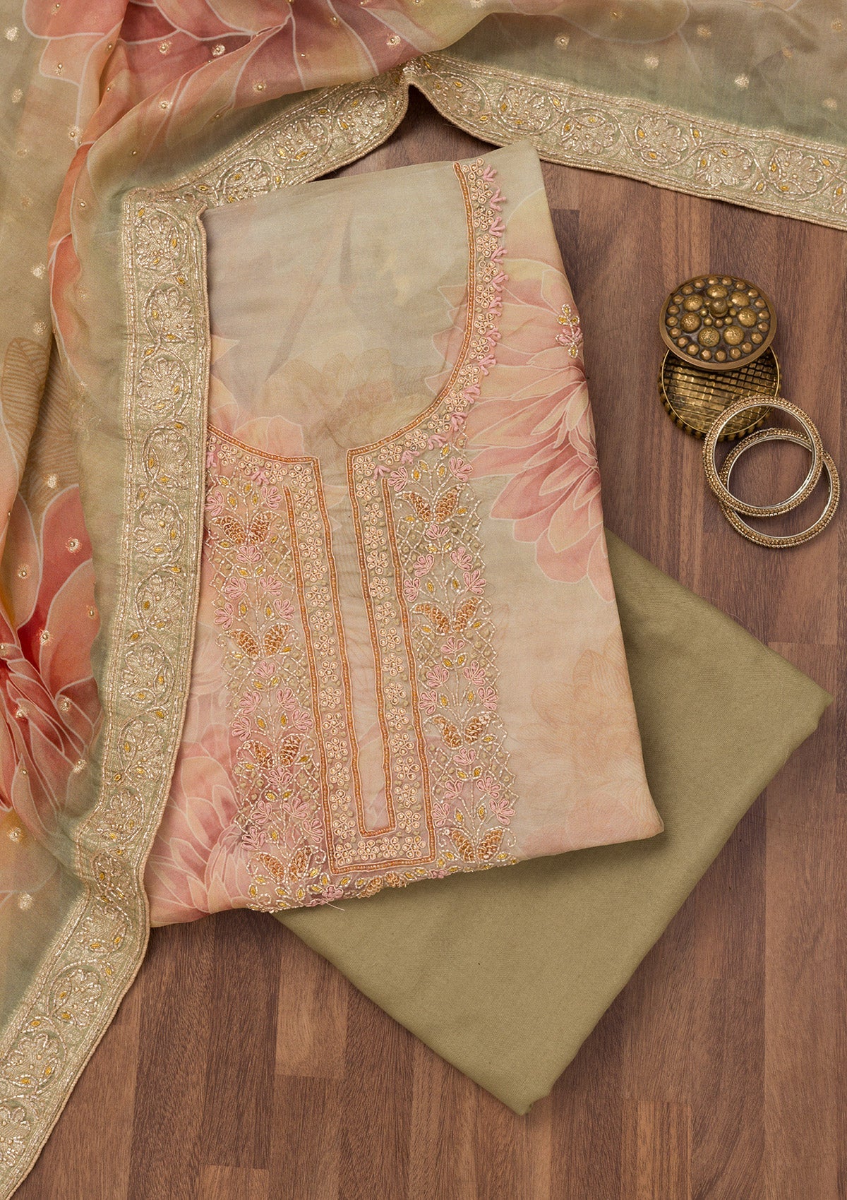 Buy Mehendi Printed Semi Crepe Unstitched Salwar Suit - Koskii