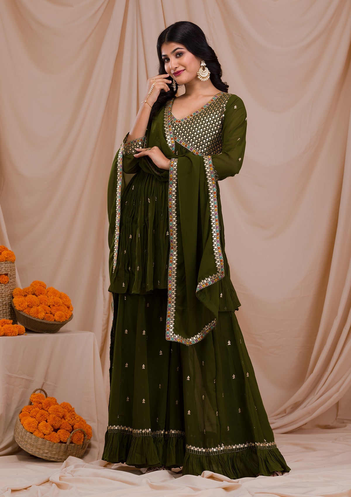 Buy Mehendi Sequins Georgette Readymade Sharara Kameez - Koskii