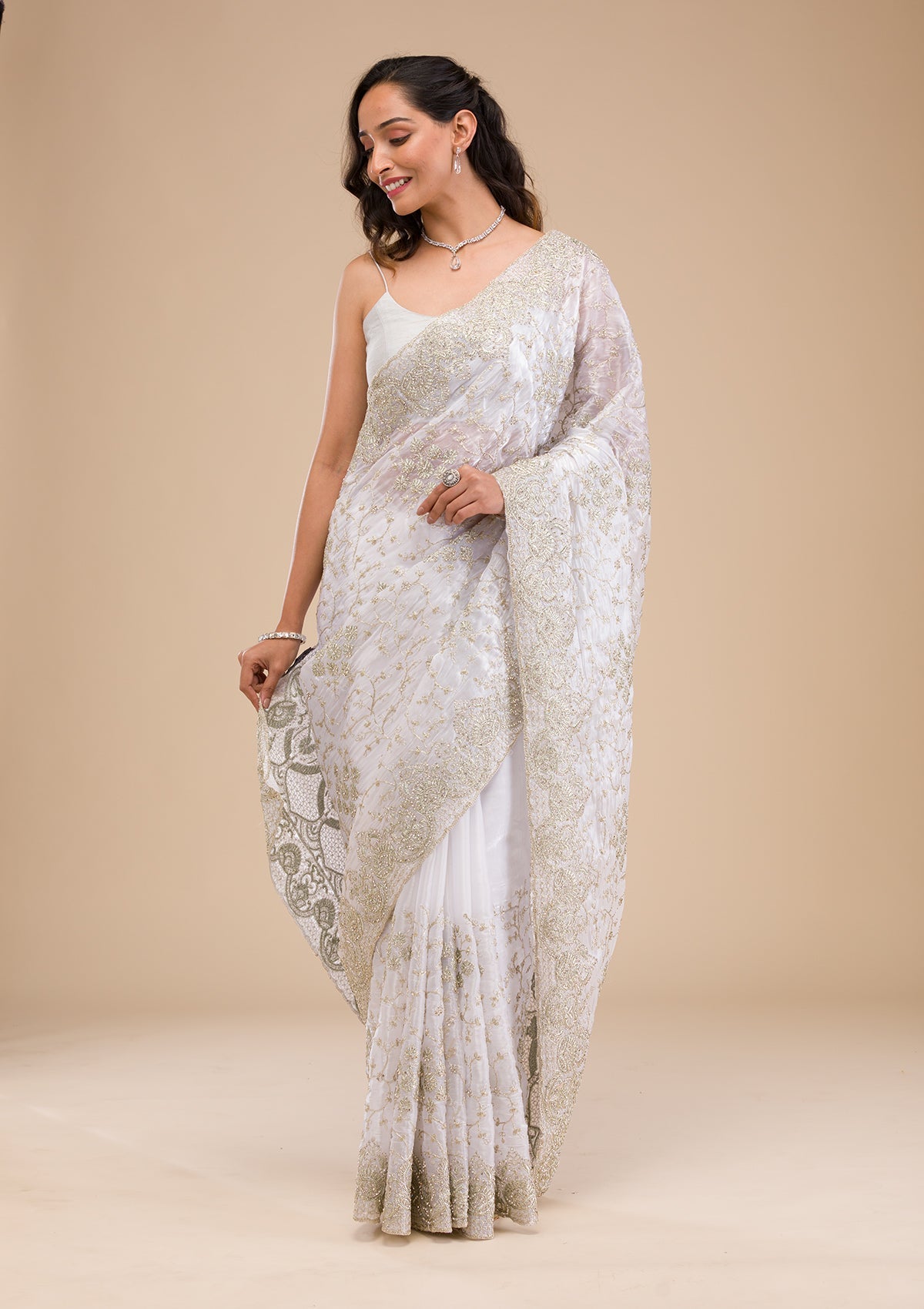 Buy Off White Zariwork Tissue Saree - Koskii
