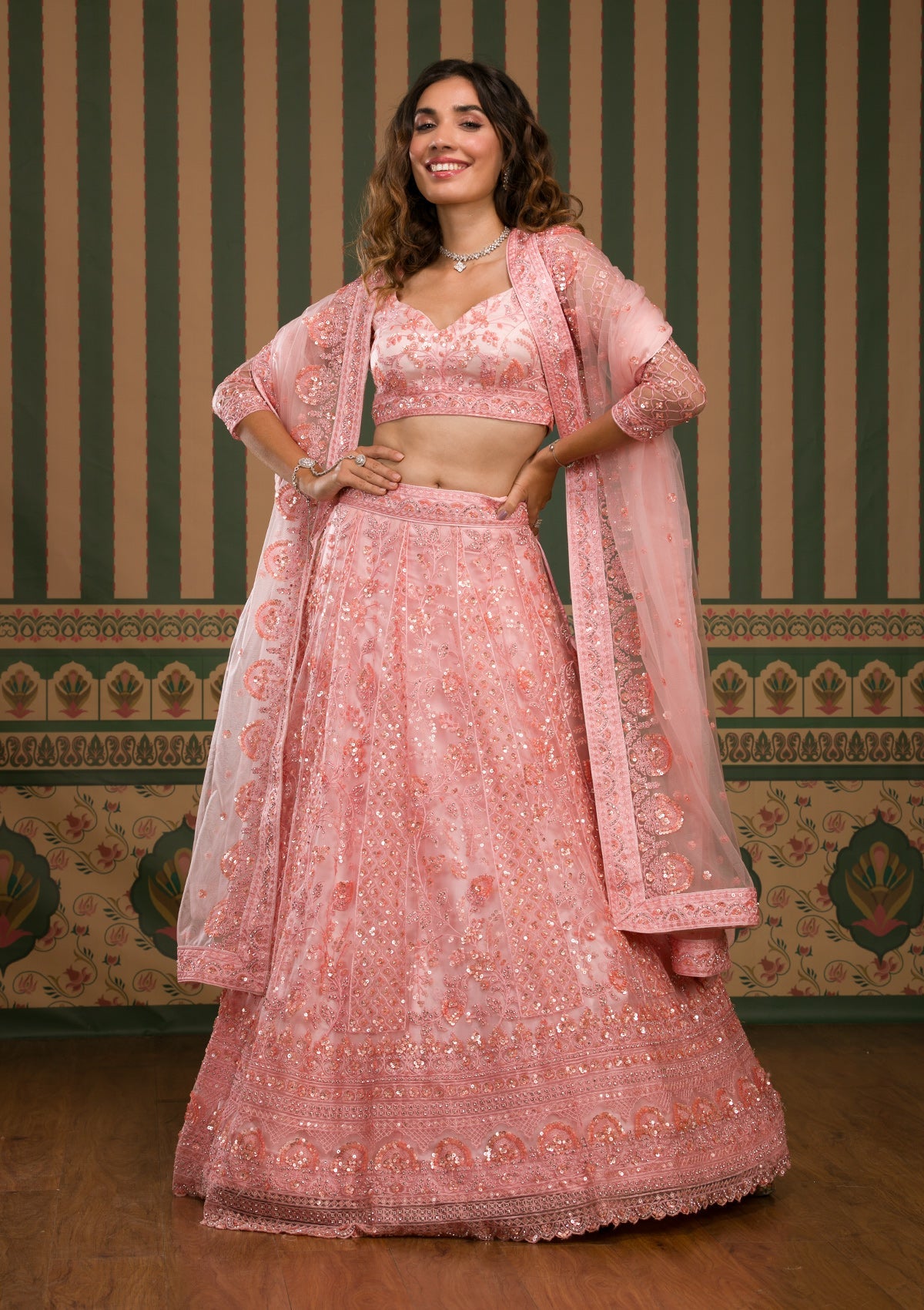 Buy Pink Sequins Net Semi Stitched Lehenga - Koskii