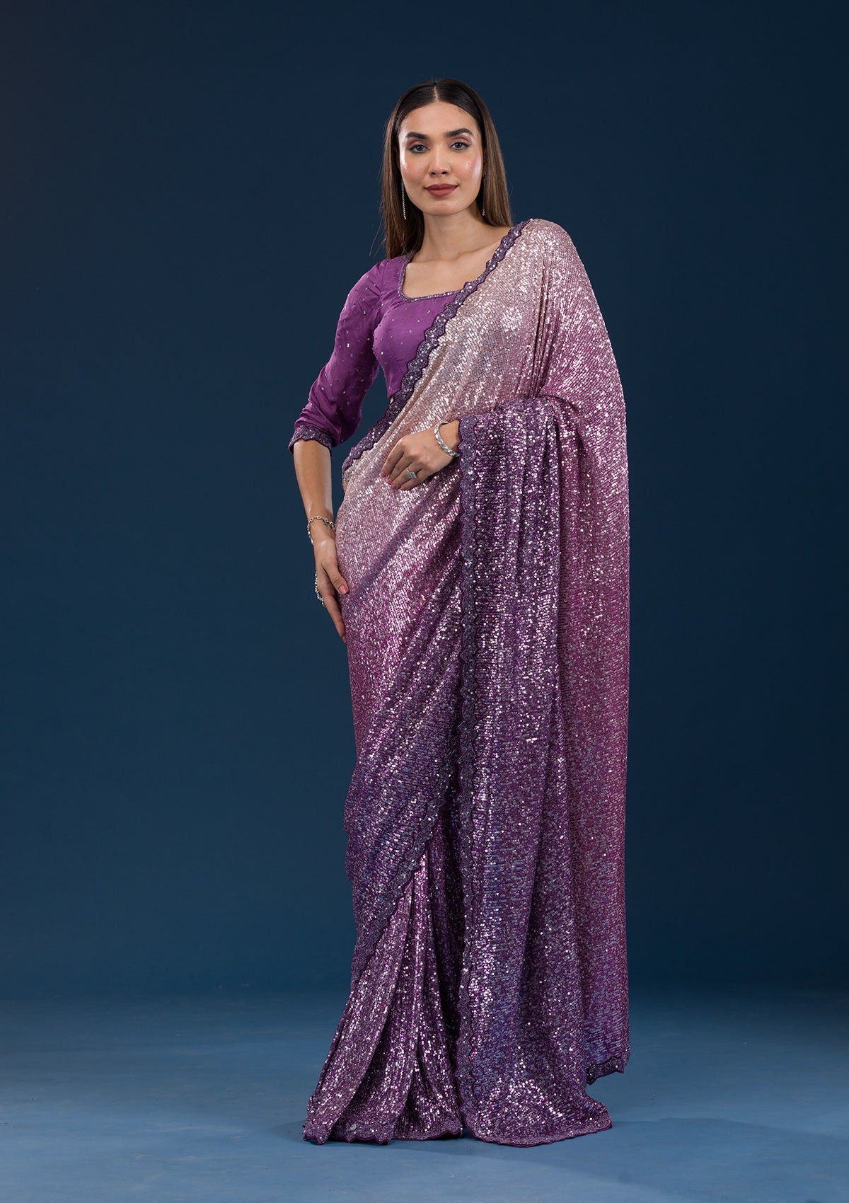 Buy Purple Sequins Georgette Saree - Koskii