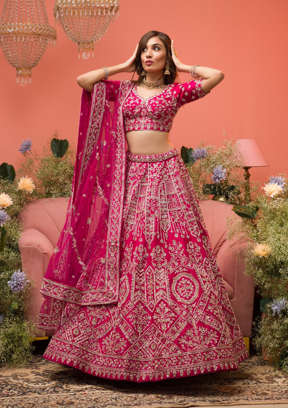 Buy Rani Pink Zardosi Raw Silk Readymade Lehenga - Koskii