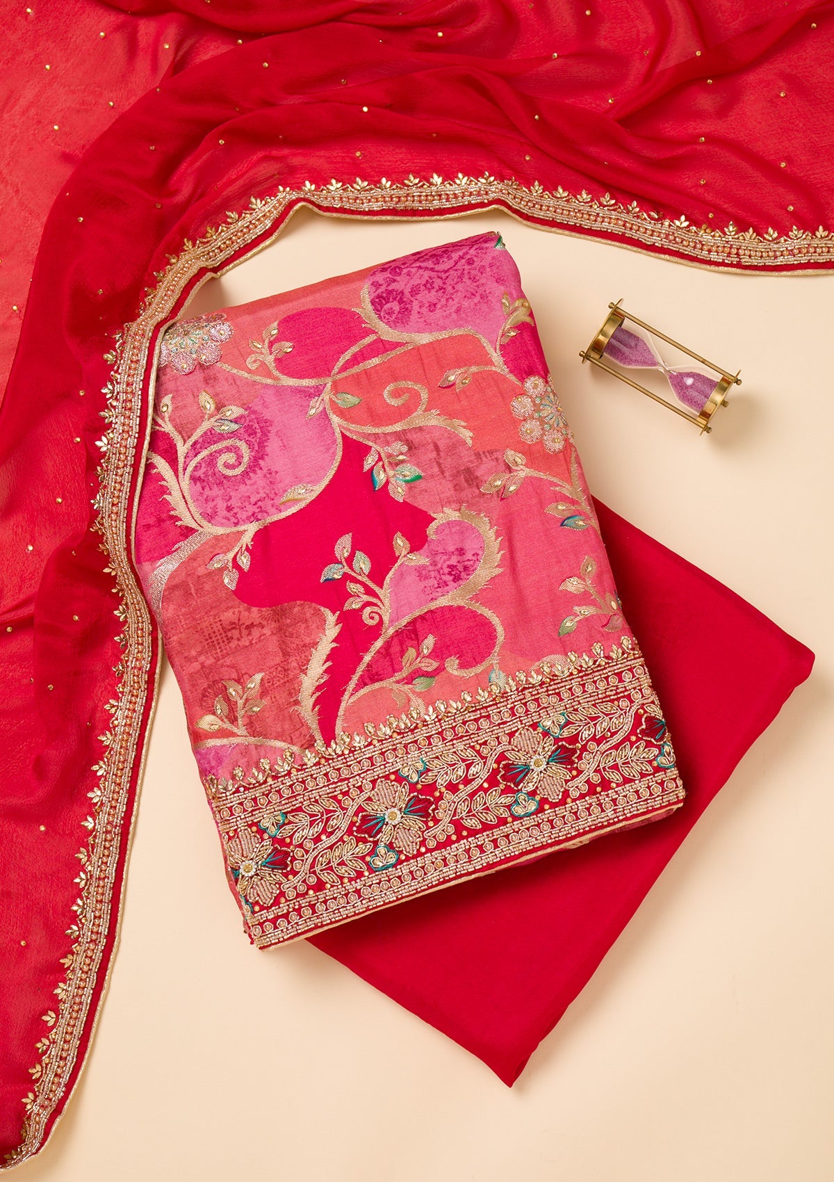 Buy Red Cutdana Crepe Unstitched Salwar Suit - Koskii