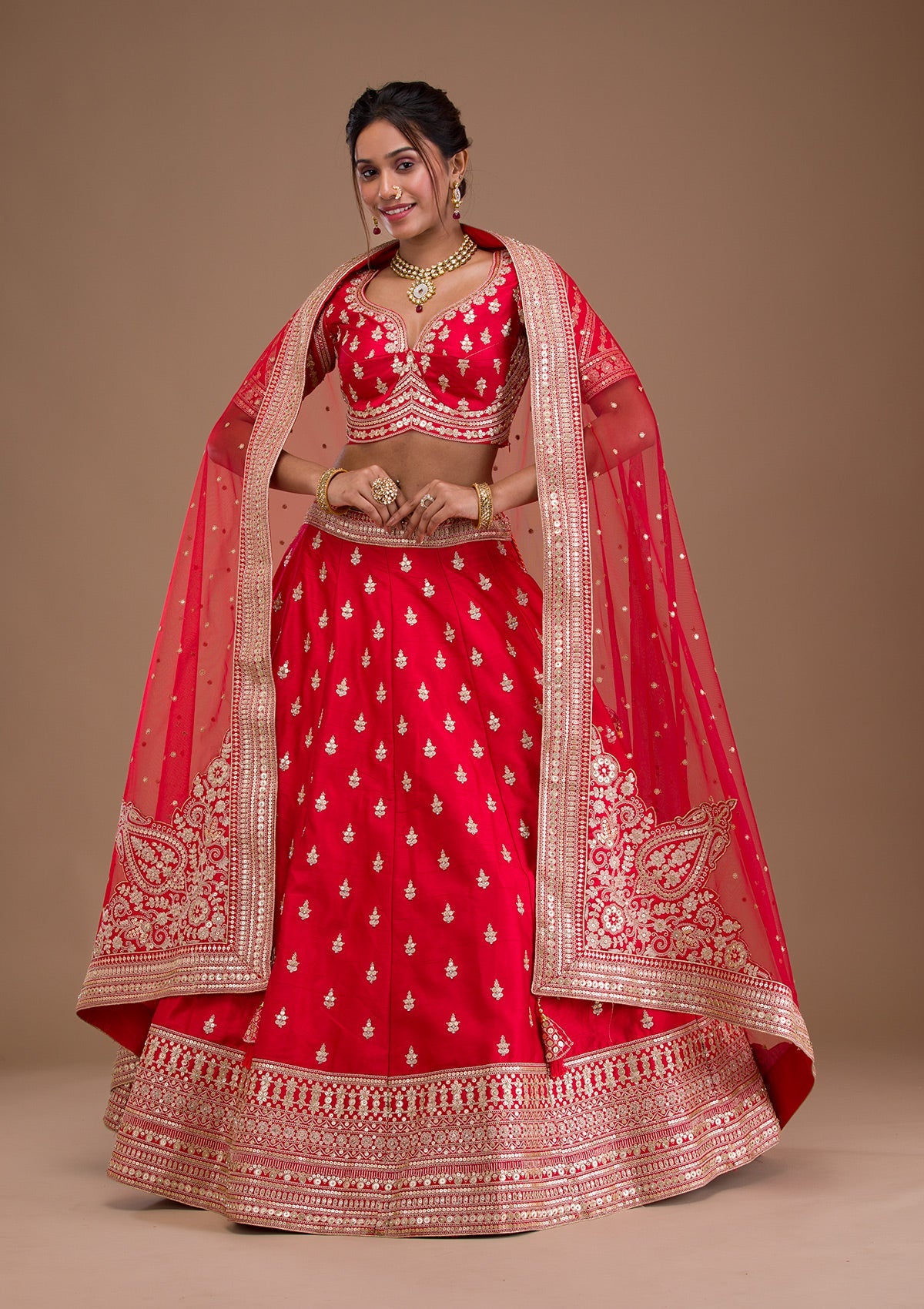 Buy Red Zariwork Raw Silk Readymade Lehenga - Koskii