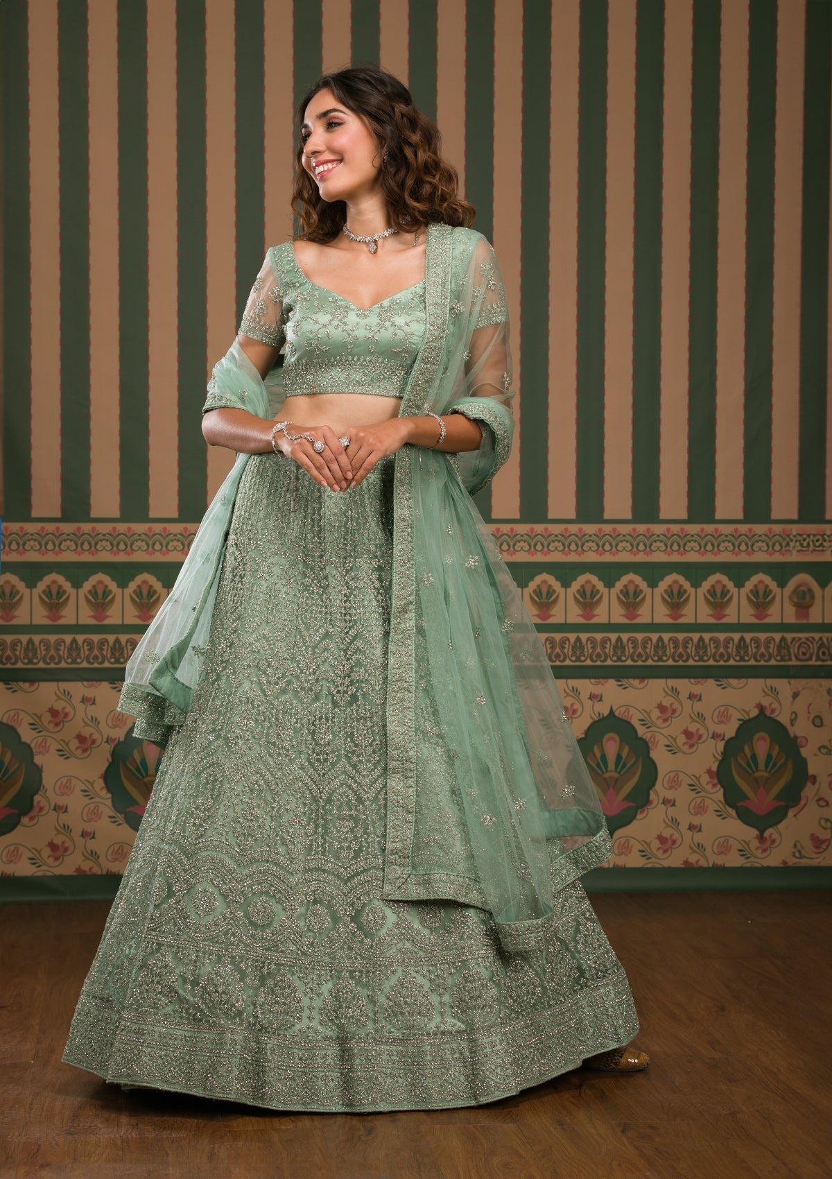 Buy Sea Green Zariwork Net Semi Stitched Lehenga - Koskii