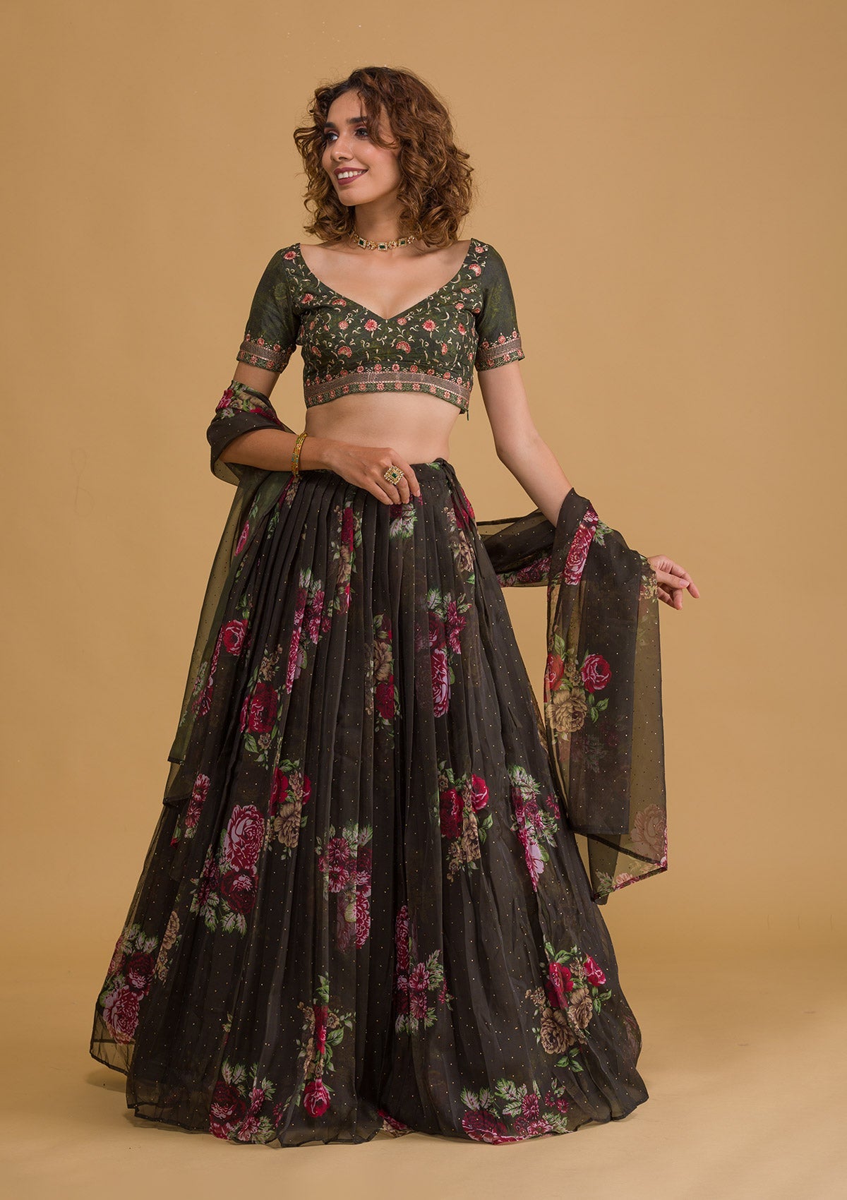 Buy Bottle Green Swarovski Tissue Semi Stitched Lehenga - Koskii