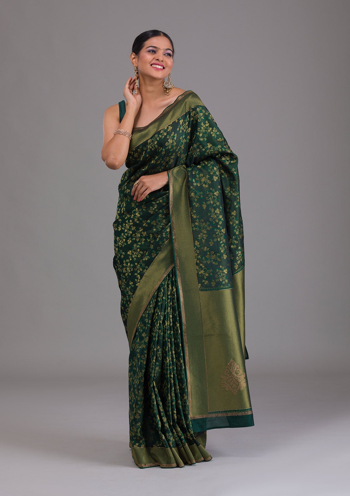 Buy Bottle Green Zariwork Banarasi Saree - Koskii