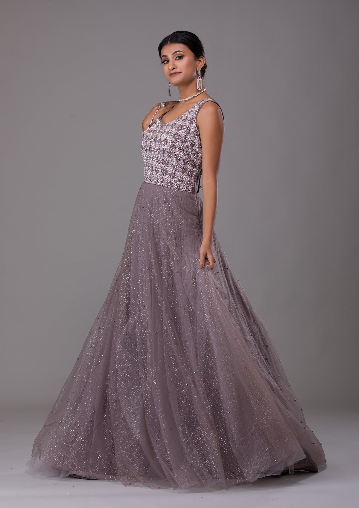 Buy Dark Grey Sequins Net Designer Gown - Koskii