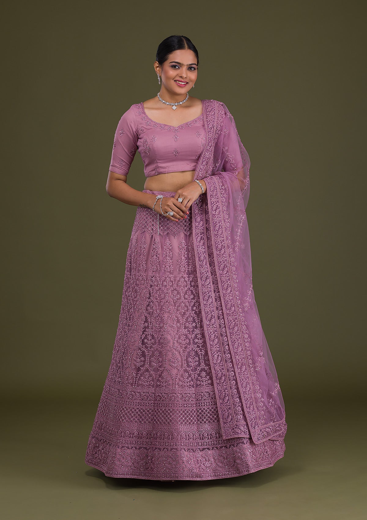 Buy Lavender Threadwork Net Semi Stitched Lehenga - Koskii