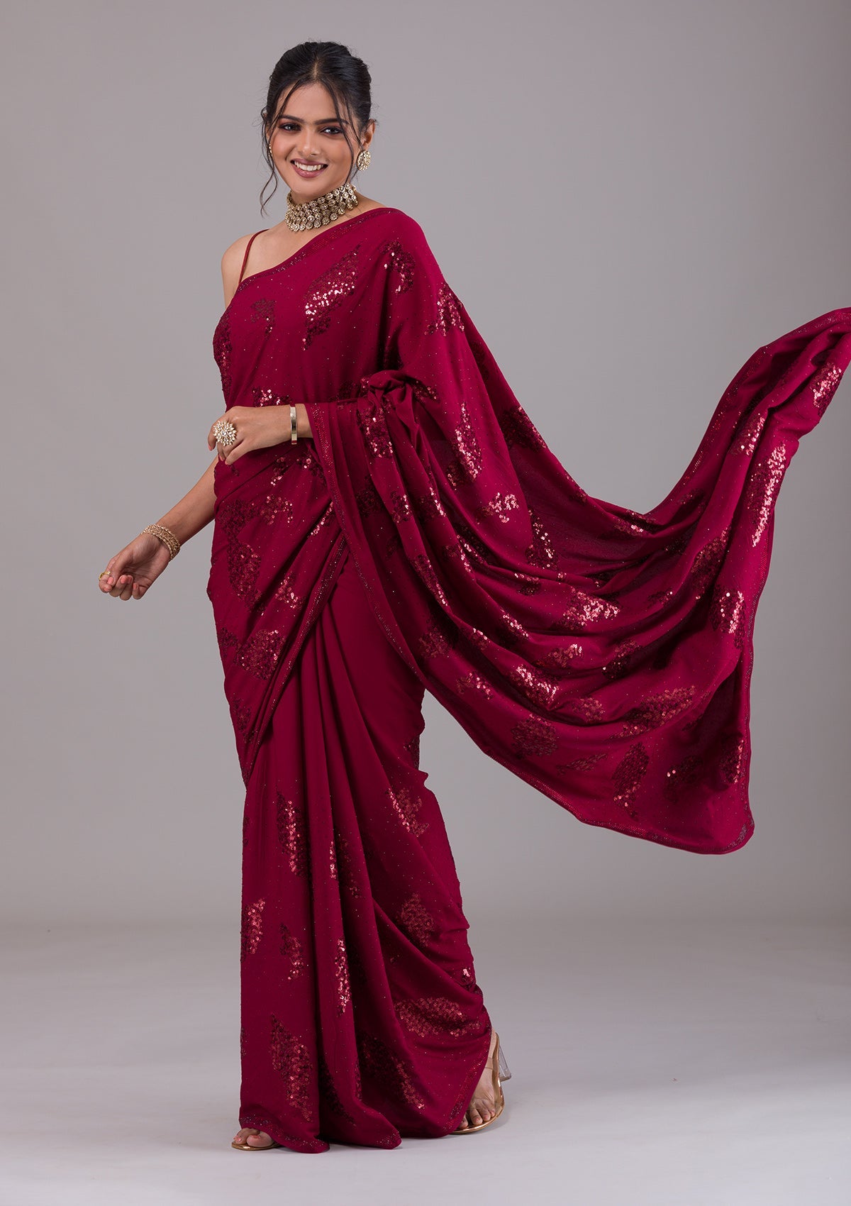 Buy Maroon Sequins Semi Crepe Saree - Koskii