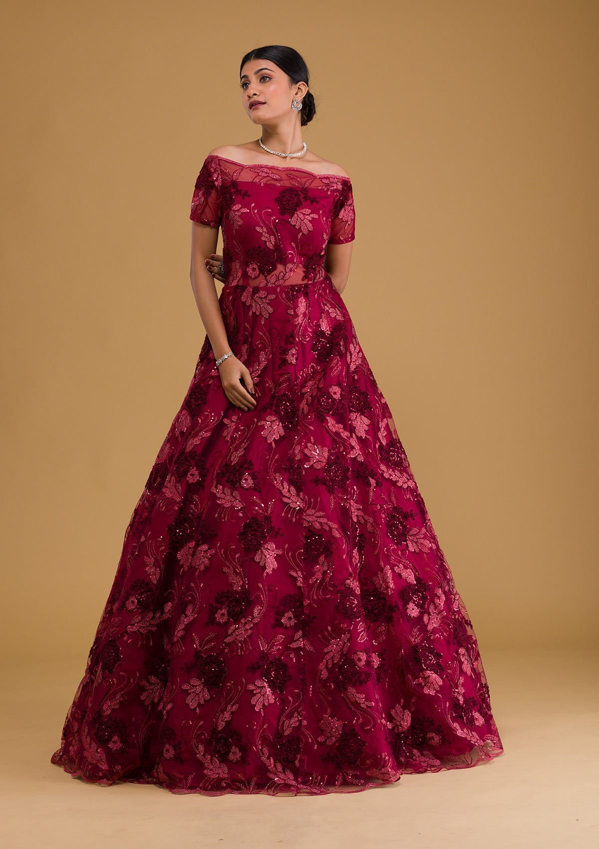Buy Maroon Sequins Net Designer Gown - Koskii