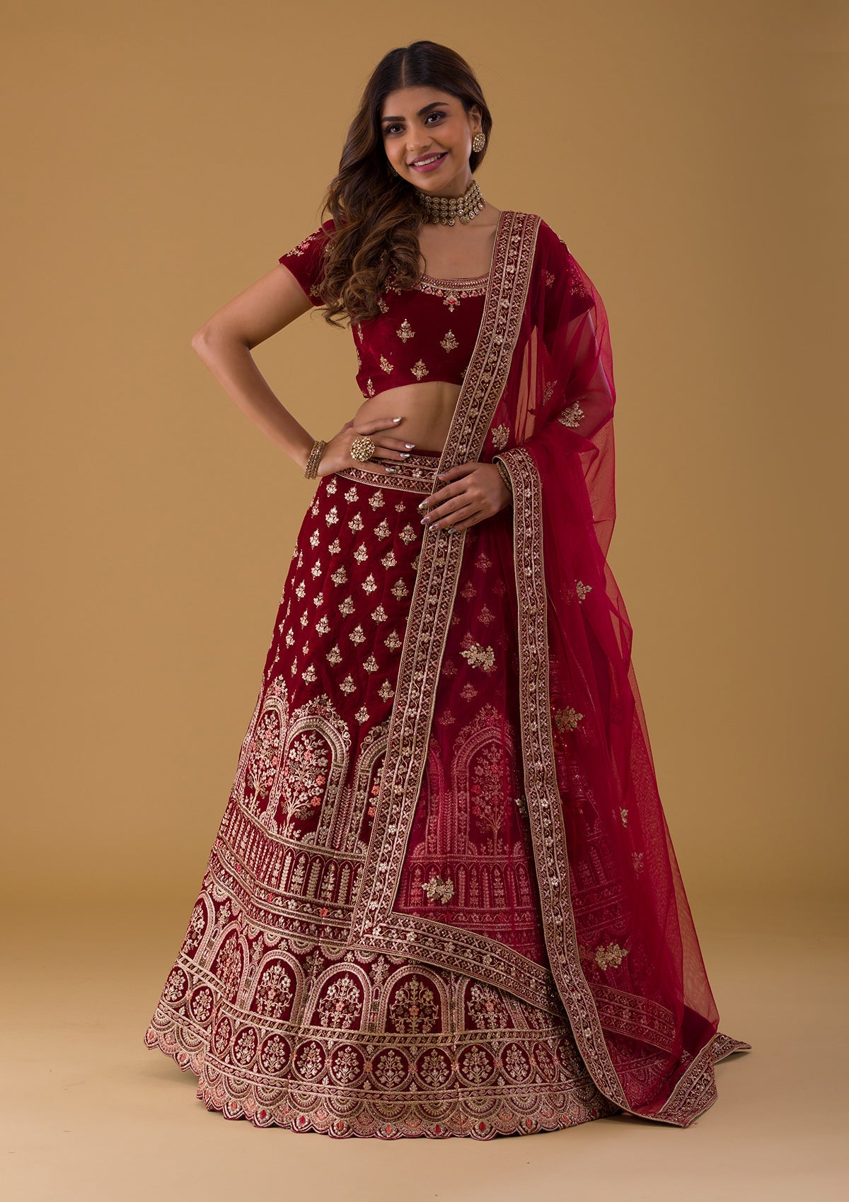 Buy Maroon Zariwork Velvet Semi Stitched Lehenga - Koskii