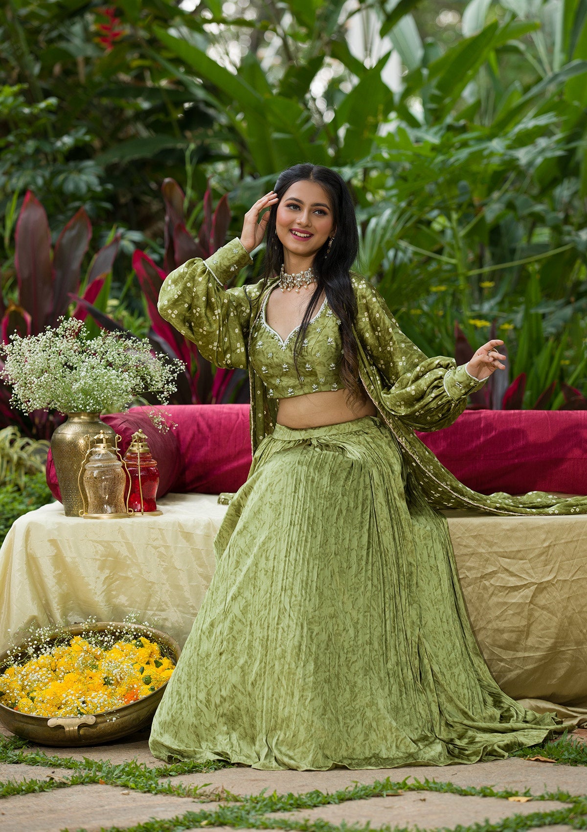 Buy Mehendi Bandhani Print Satin Readymade Lehenga - Koskii