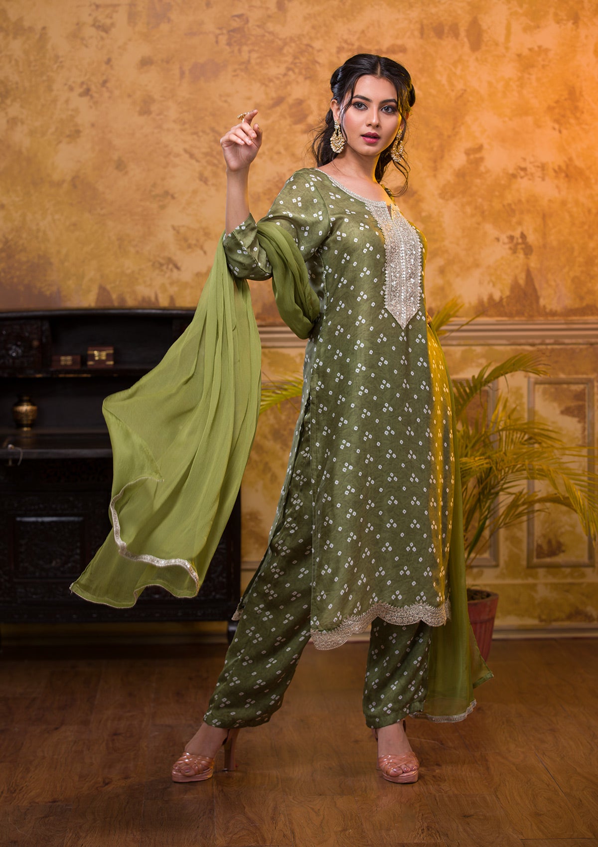 Buy Mehendi Bandhani Semi Crepe Readymade Salwar Kameez - Koskii