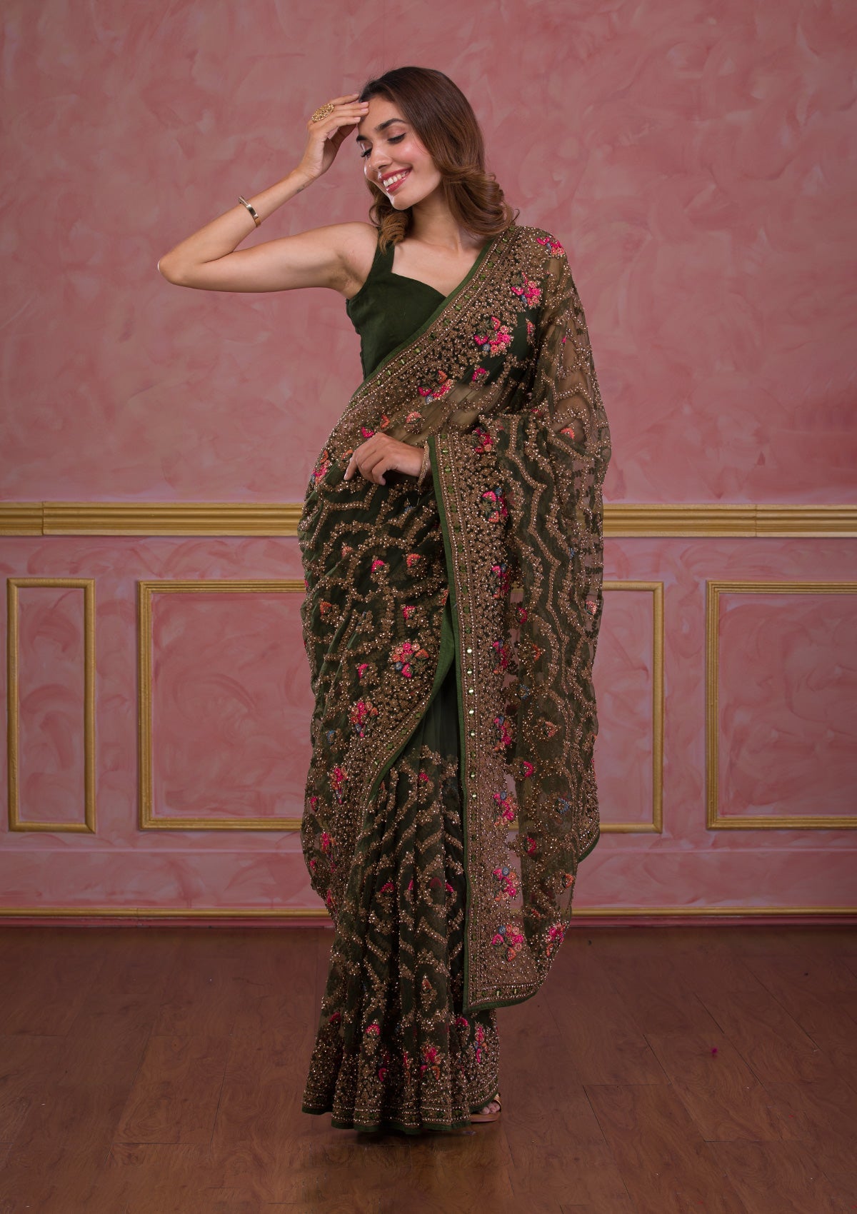 Buy Mehendi Stonework Net Saree - Koskii