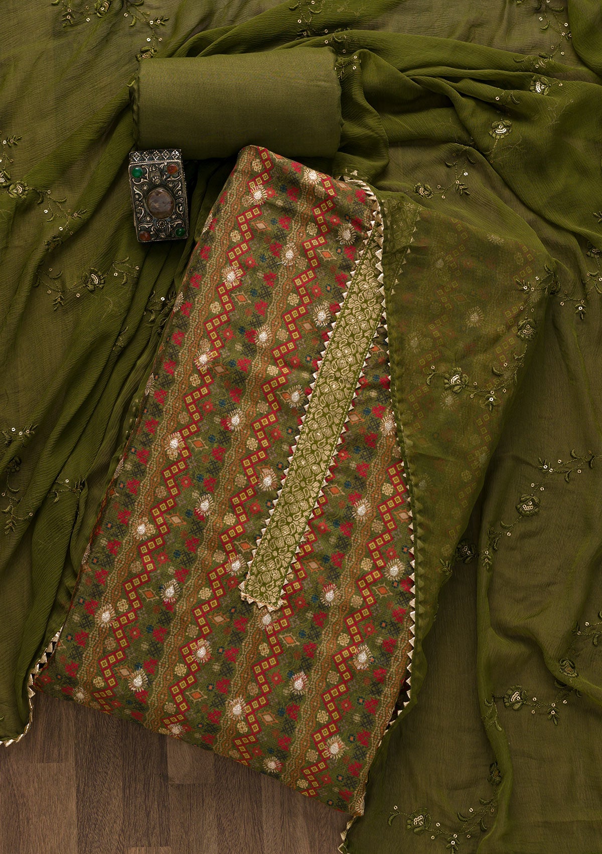 Buy Mehendi Zariwork Semi Crepe Unstitched Salwar Suit - Koskii