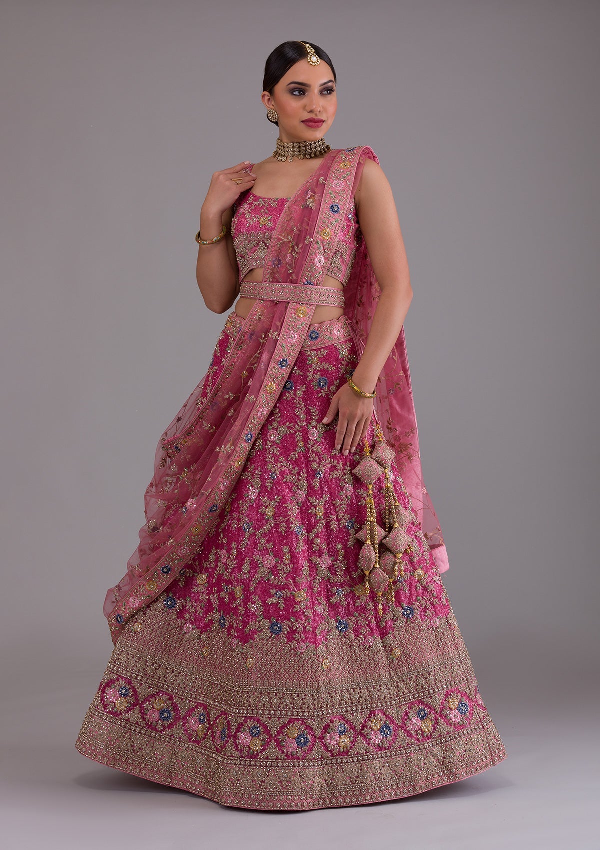 Buy Onion Pink Zariwork Net Semi Stitched Lehenga - Koskii