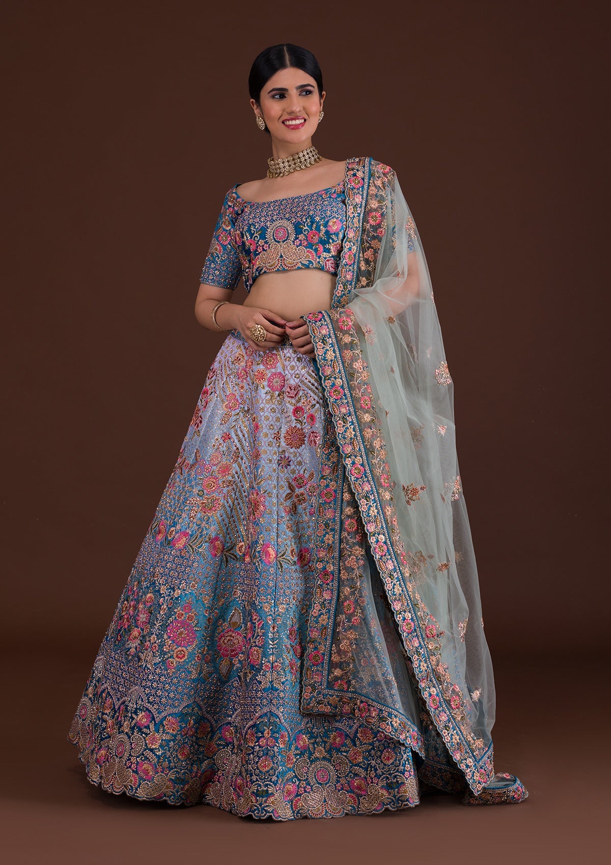Buy Peacock Blue Zariwork Velvet Semi Stitched Lehenga - Koskii