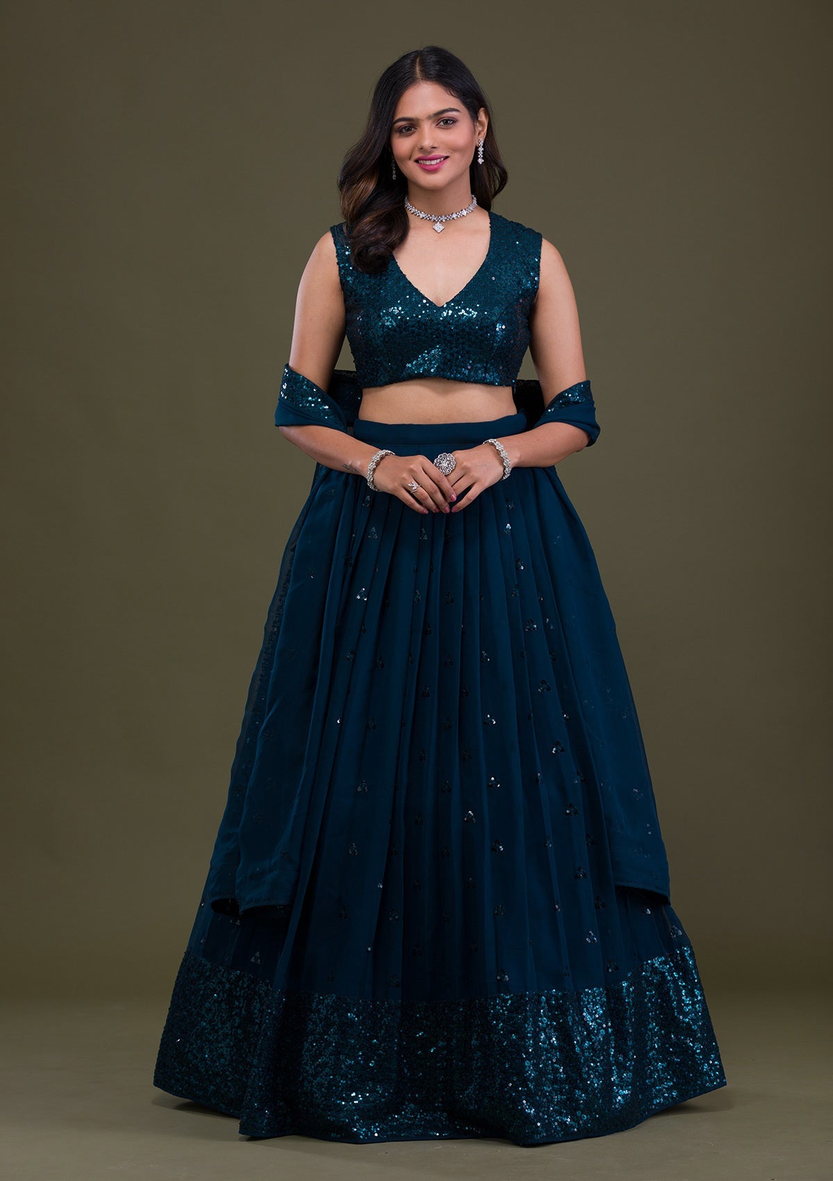 Buy Peacock Blue Sequins Georgette Semi-Stitched Lehenga - Koskii