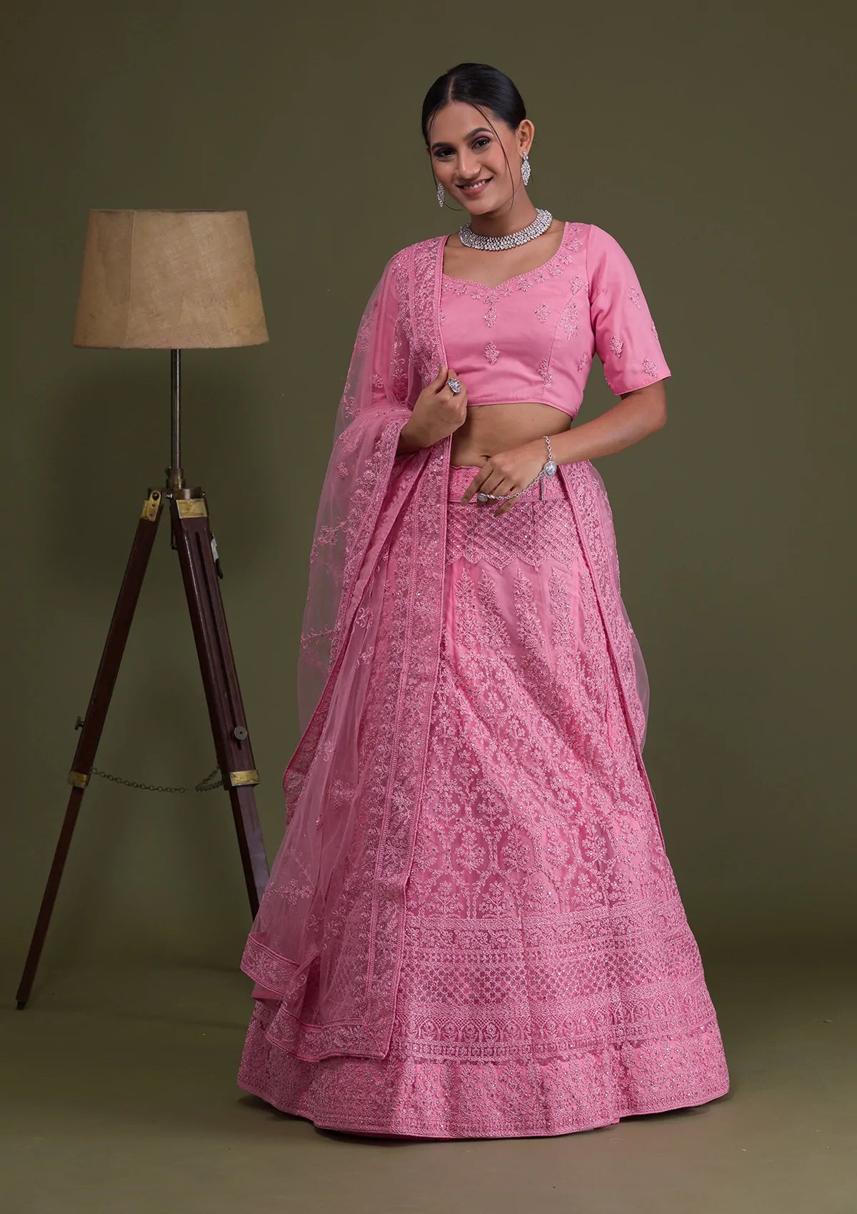 Buy Pink Threadwork Net Semi Stitched Lehenga - Koskii