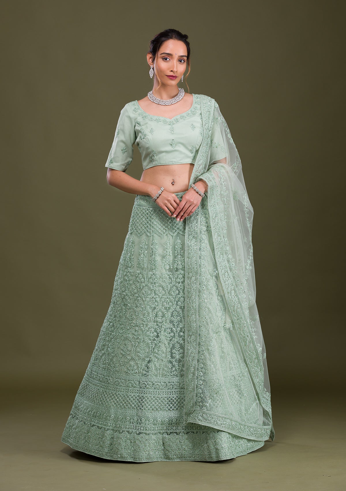 Buy Pista Green Threadwork Net Semi Stitched Lehenga - Koskii