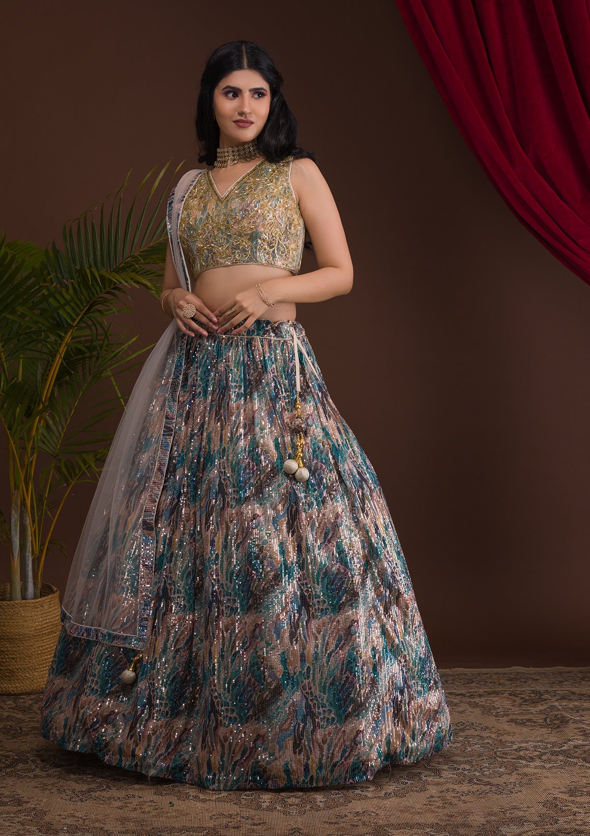 Buy Rama Green Cutdana Net Readymade Lehenga - Koskii